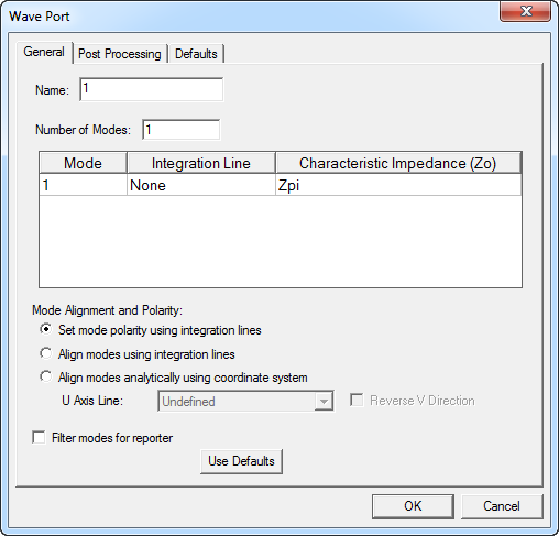Wave Port Dialog for Modal Solutions