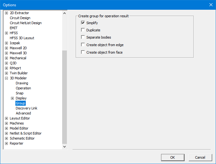 3D Modeler Options: Group Options