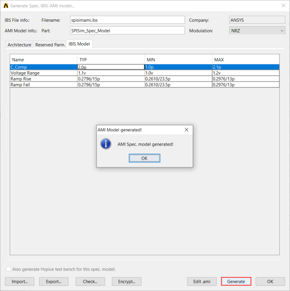 Generate Spec. IBIS-AMI IBIS Model Tab