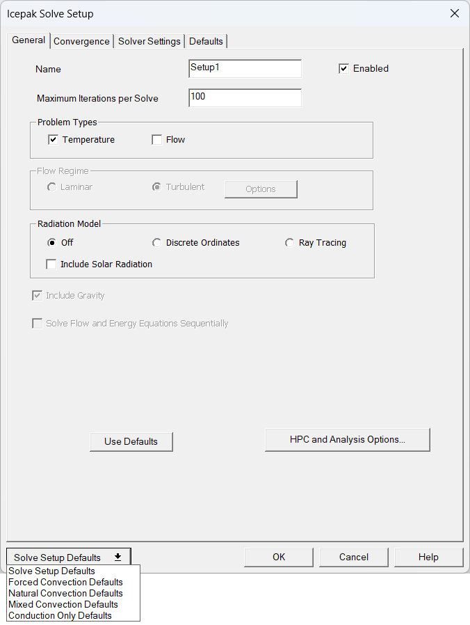 Icepak Solve Setup Defaults