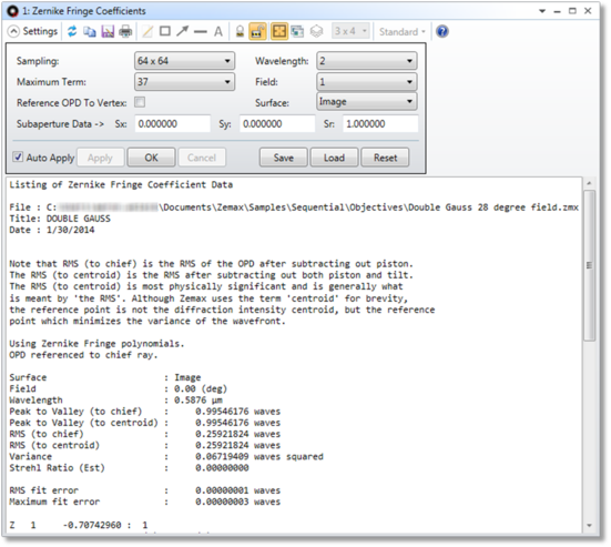 Zernike Fringe Coefficients