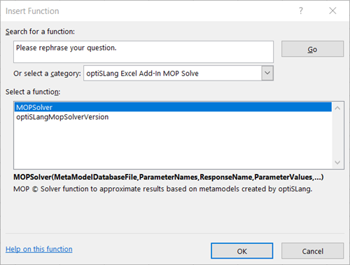 Metamodel of Optimal Prognosis Solver in Excel