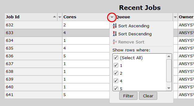 10.3.1. Sorting and Filtering the Cluster Job List