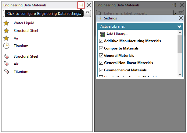 7.3.2. Engineering Data Materials Settings Dialog